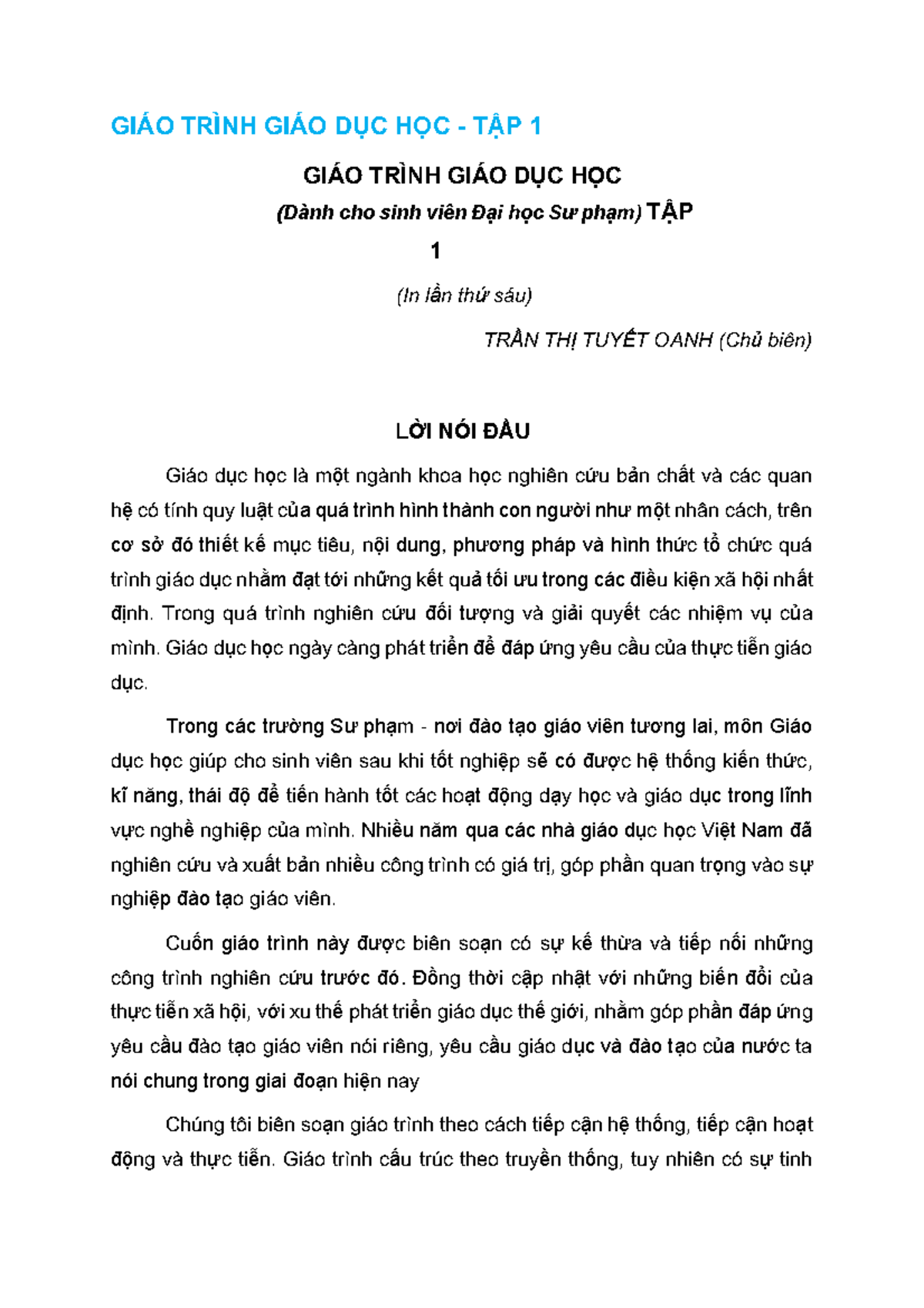 GIÁO Trình GDH TẬP 1 - TRẦN THỊ TUYẾT OANH - GIÁO TRÌNH GIÁO DỤC HỌC - TẬP 1 GIÁO TRÌNH GIÁO DỤC ...