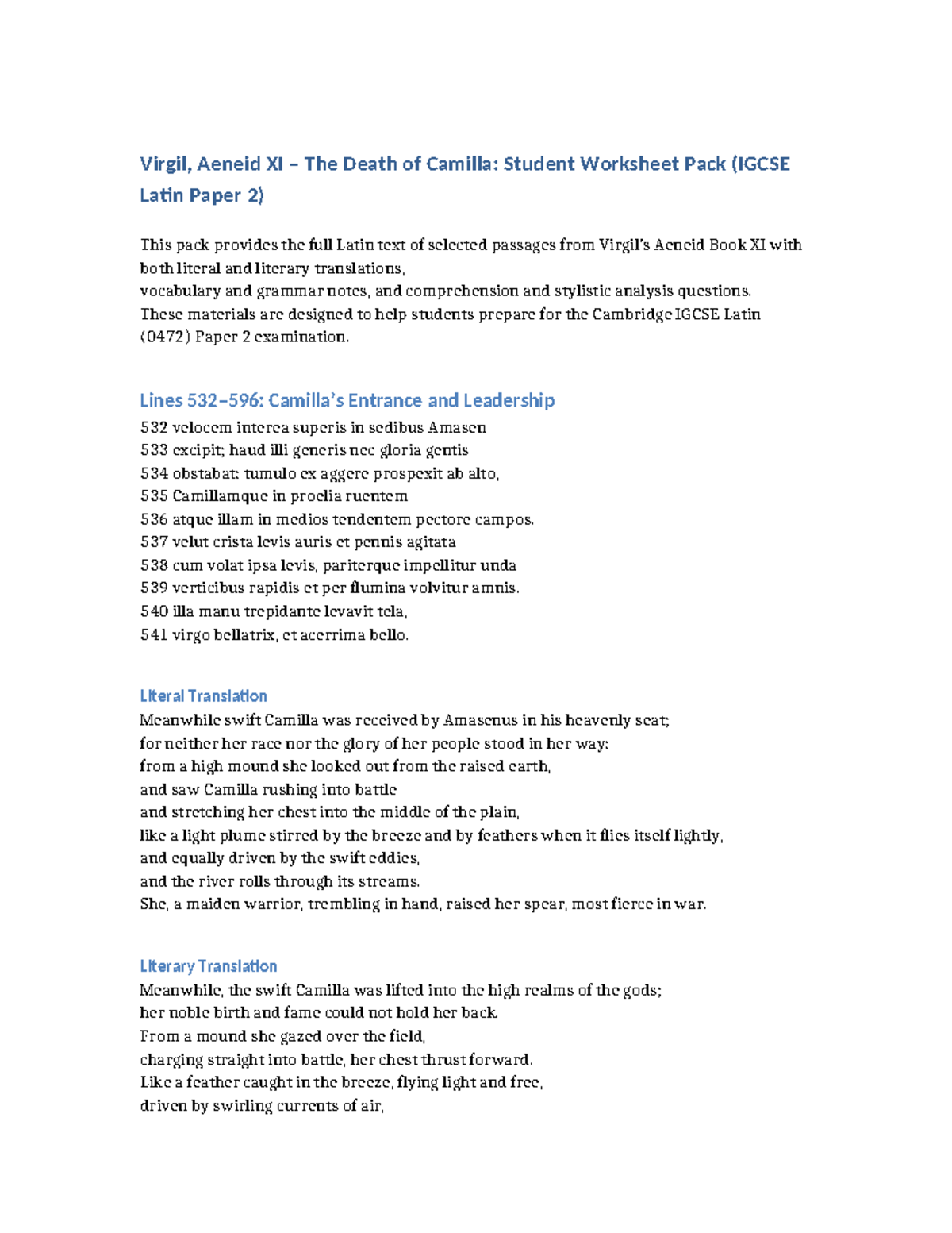 Virgil Aeneid XI: Camilla's Death Student Worksheet (IGCSE Latin) - Studocu