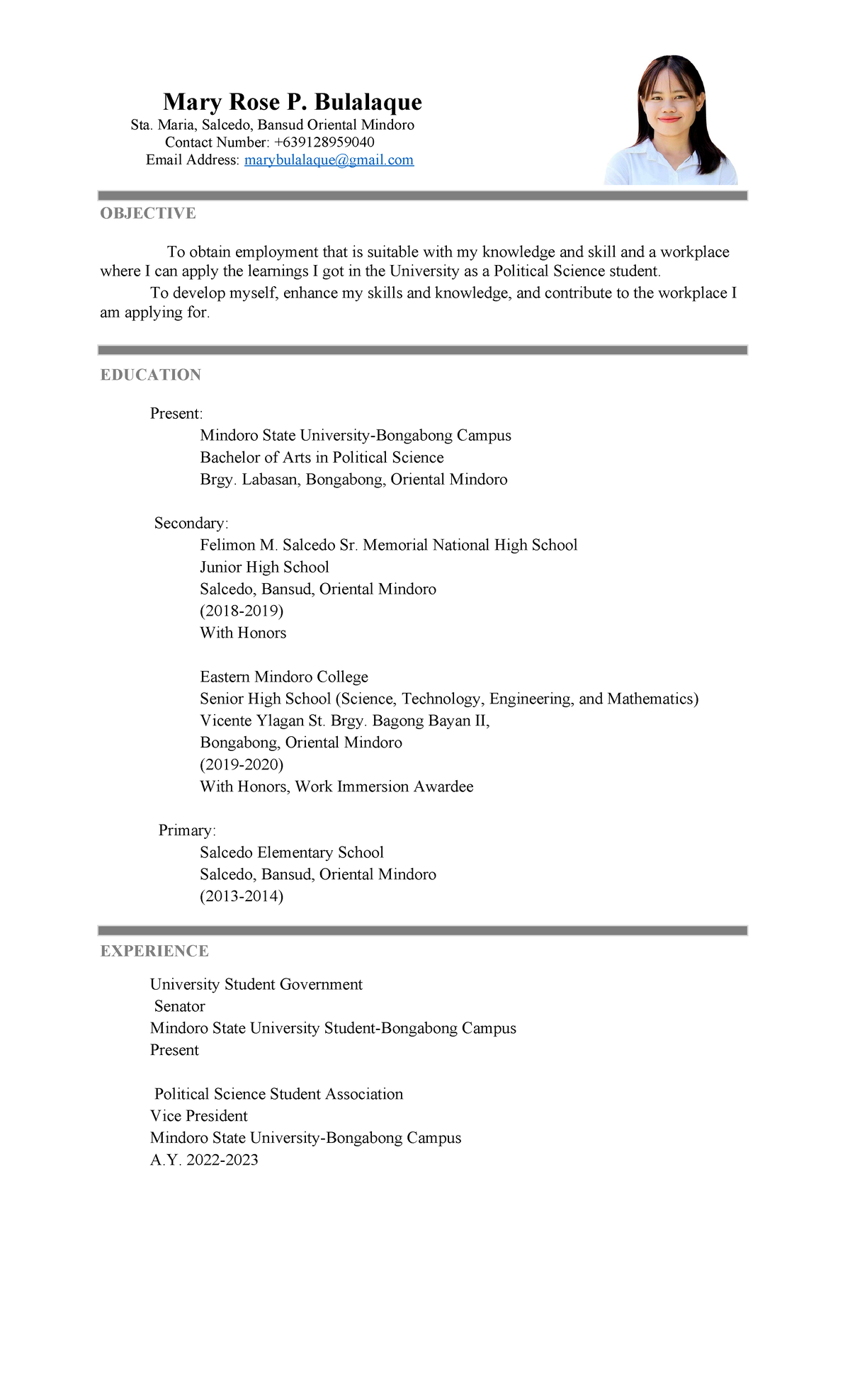 CSE Form Sample: Resume of Mary Rose P. Bulalaque for Political Science ...