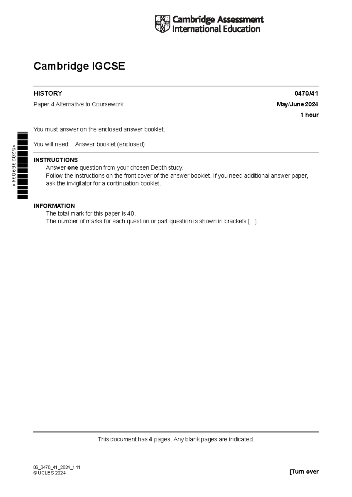 Cambridge IGCSE History 06_0470 Paper 4 Alternative to Coursework 2024 ...