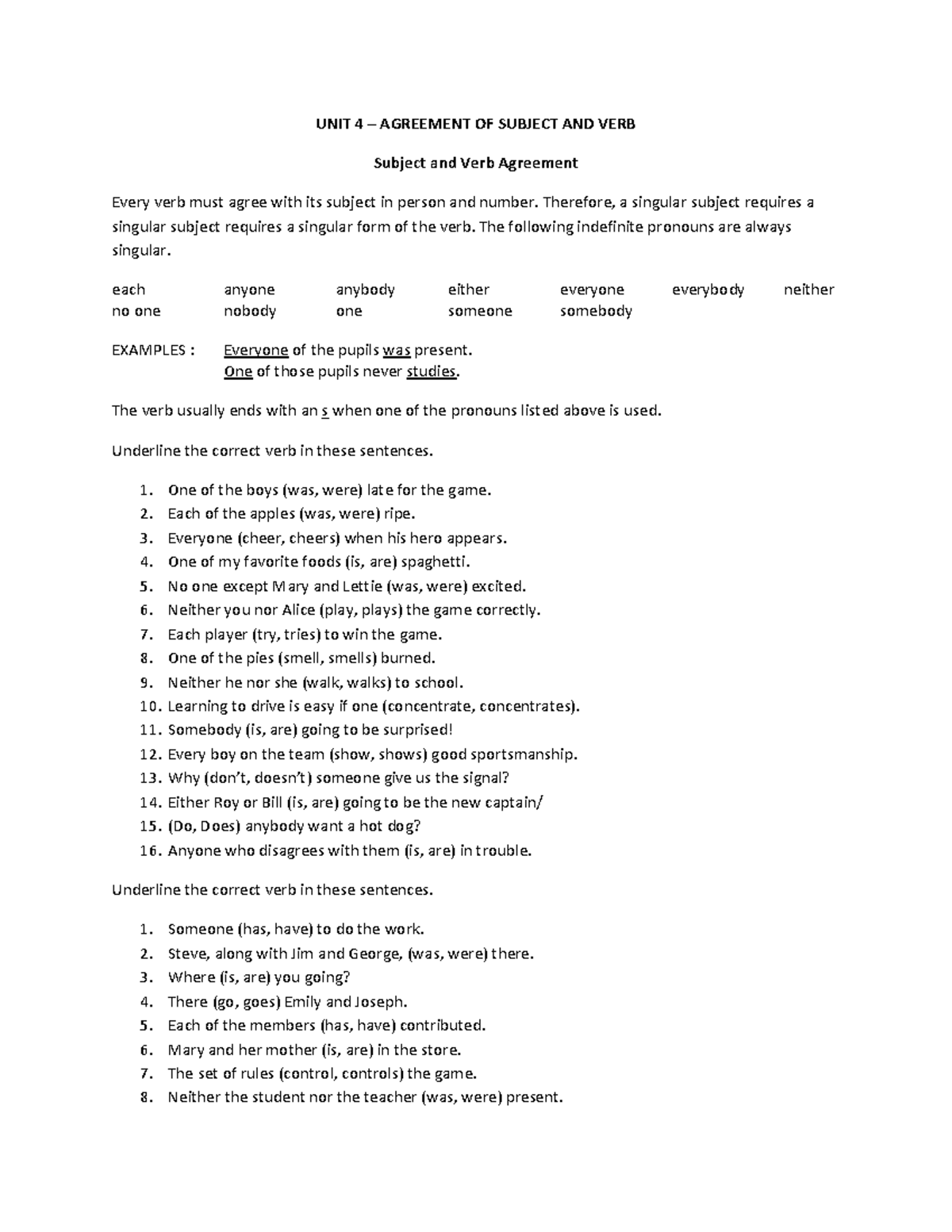 Unit 4: Subject-Verb Agreement Study Guide - Studocu