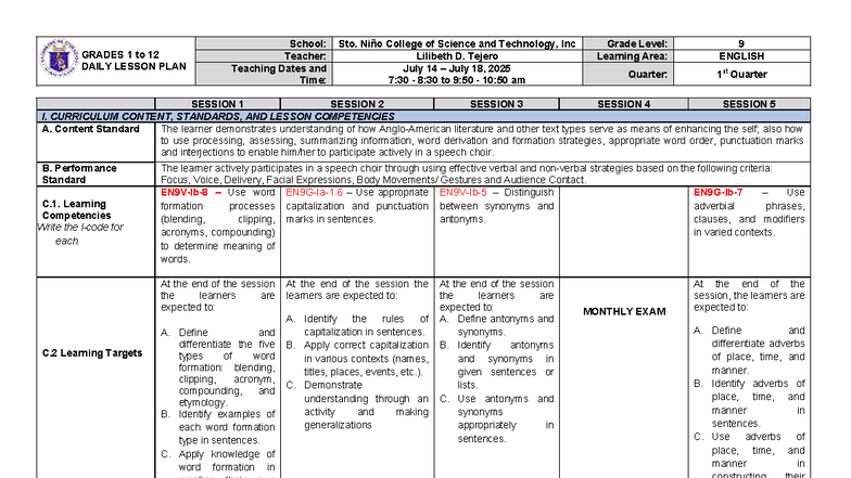 WEEK 6 - DLL Grade 9 ENGLISH Lesson Plan (1st Quarter) - Studocu