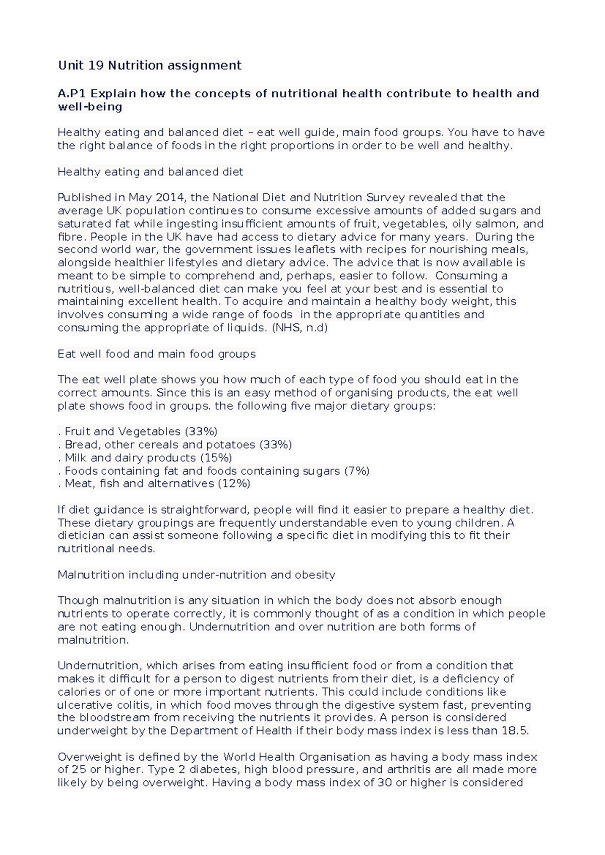 Unit 19 Nutrition Assignment: Exploring Nutritional Health Concepts ...