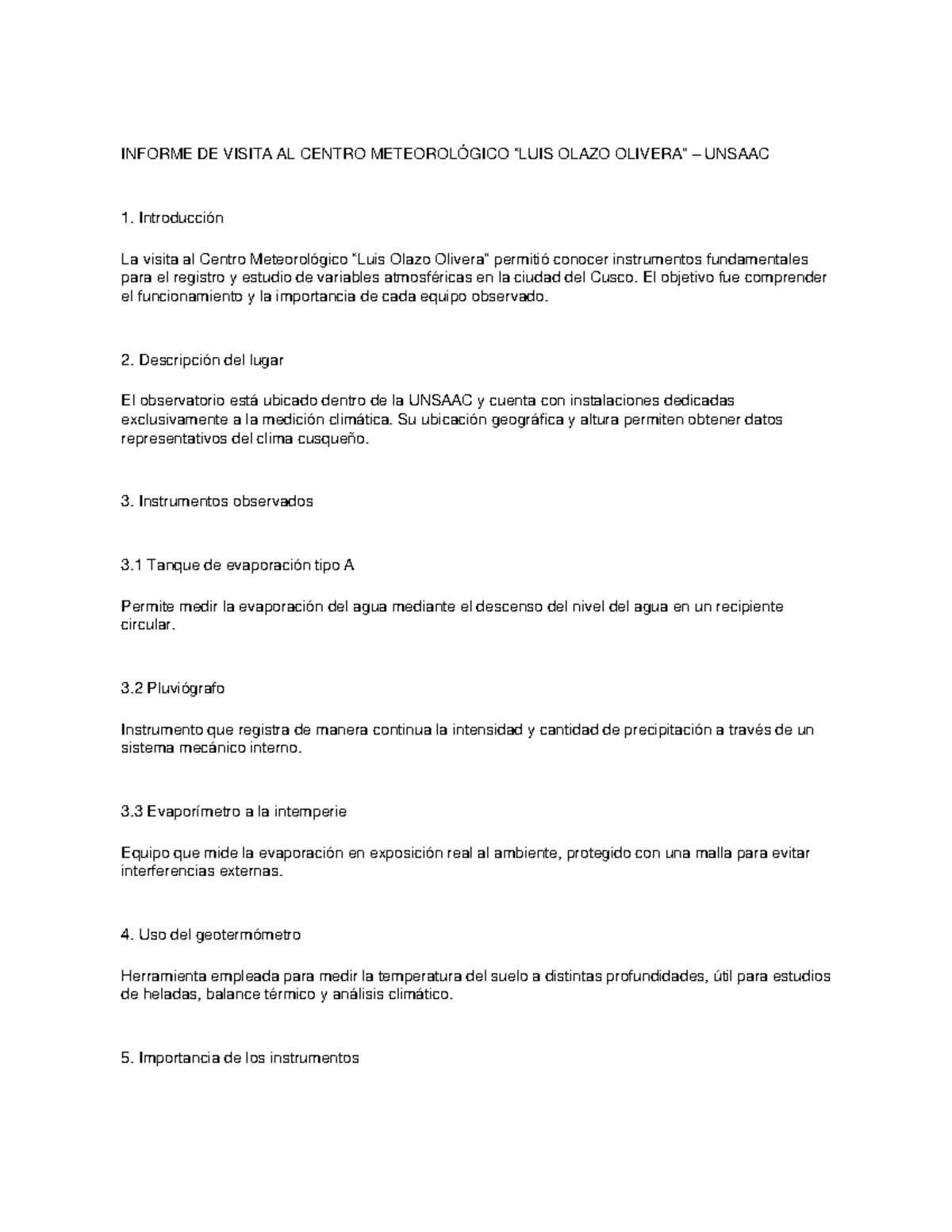 Informe de Visita al Centro Meteorológico UNSAAC - Studocu