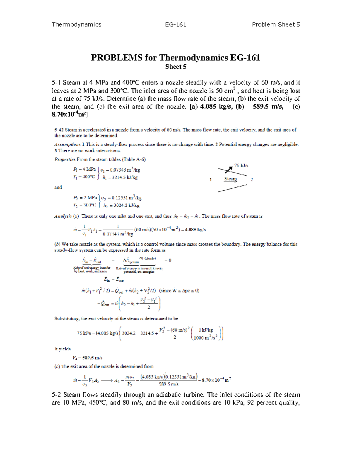 Thermodynamics EG-161 Problem Sheet 5 Solutions and Analysis - Studocu