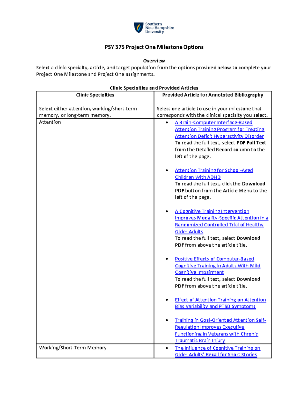 PSY 375 Project One Milestone: Clinic Specialty Selection Guide - Studocu