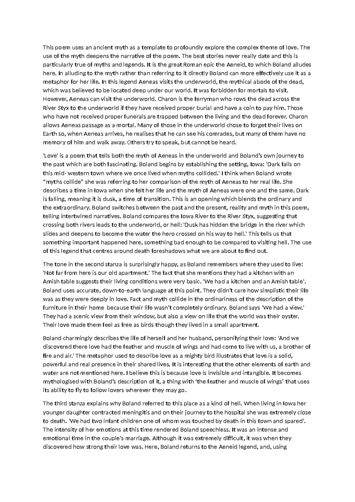 Love in Myth and Memory: An Analysis of Boland's Poem "Love" - Studocu