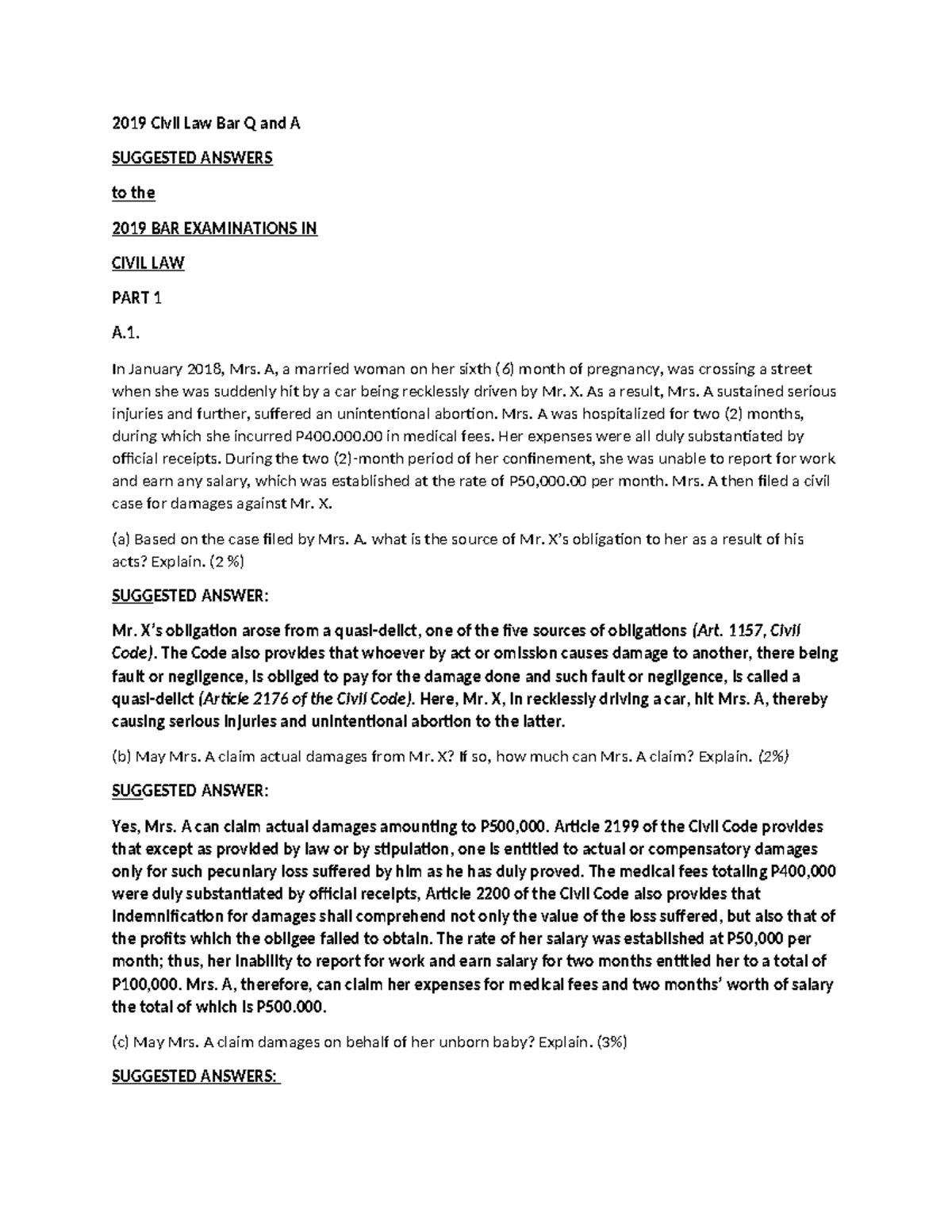 2019 Civil Law Bar Exam Q&A: Suggested Answers and Explanations - Studocu