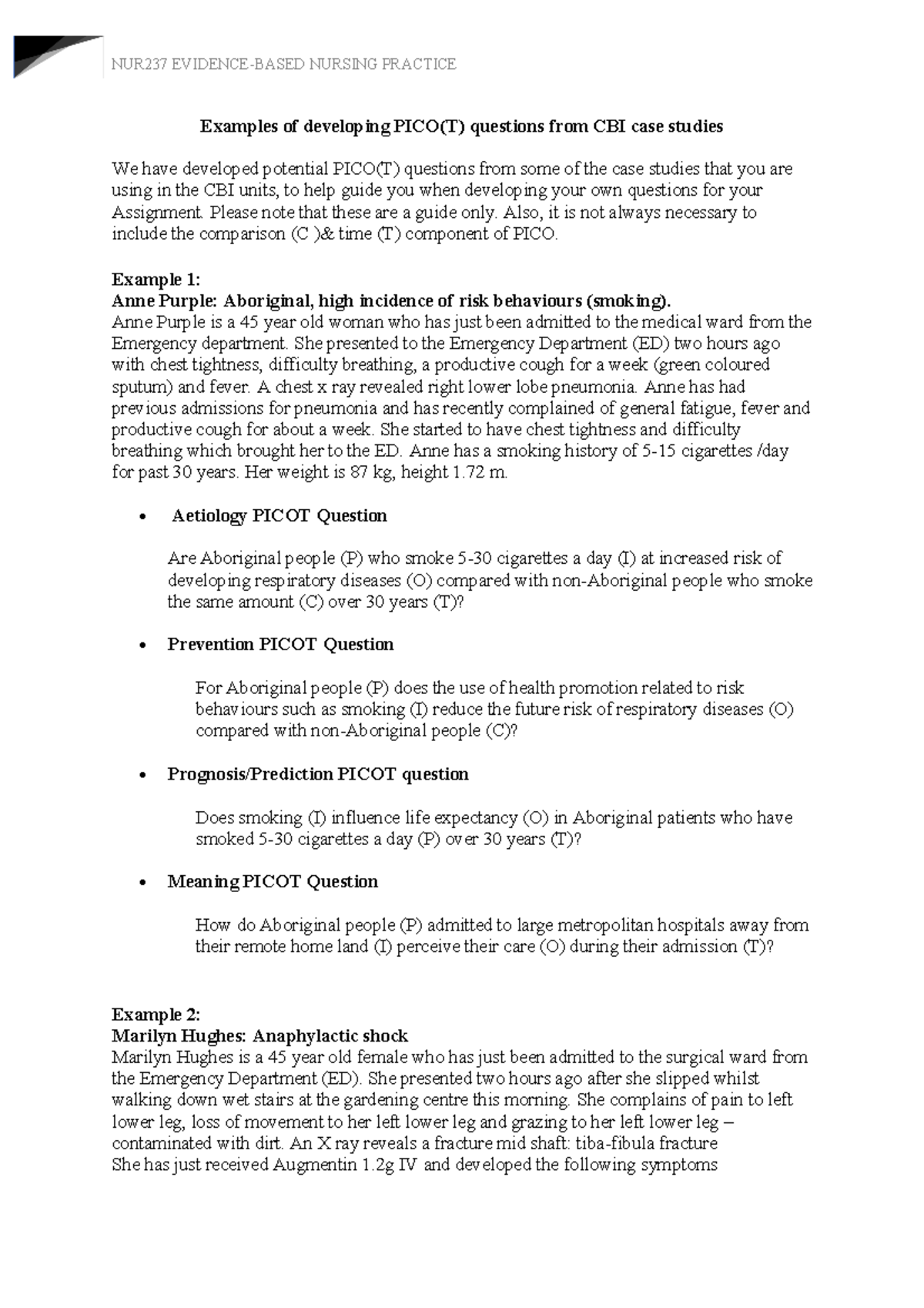 PICO(T) Question Development from CBI Case Studies for Nursing (NUR101 ...