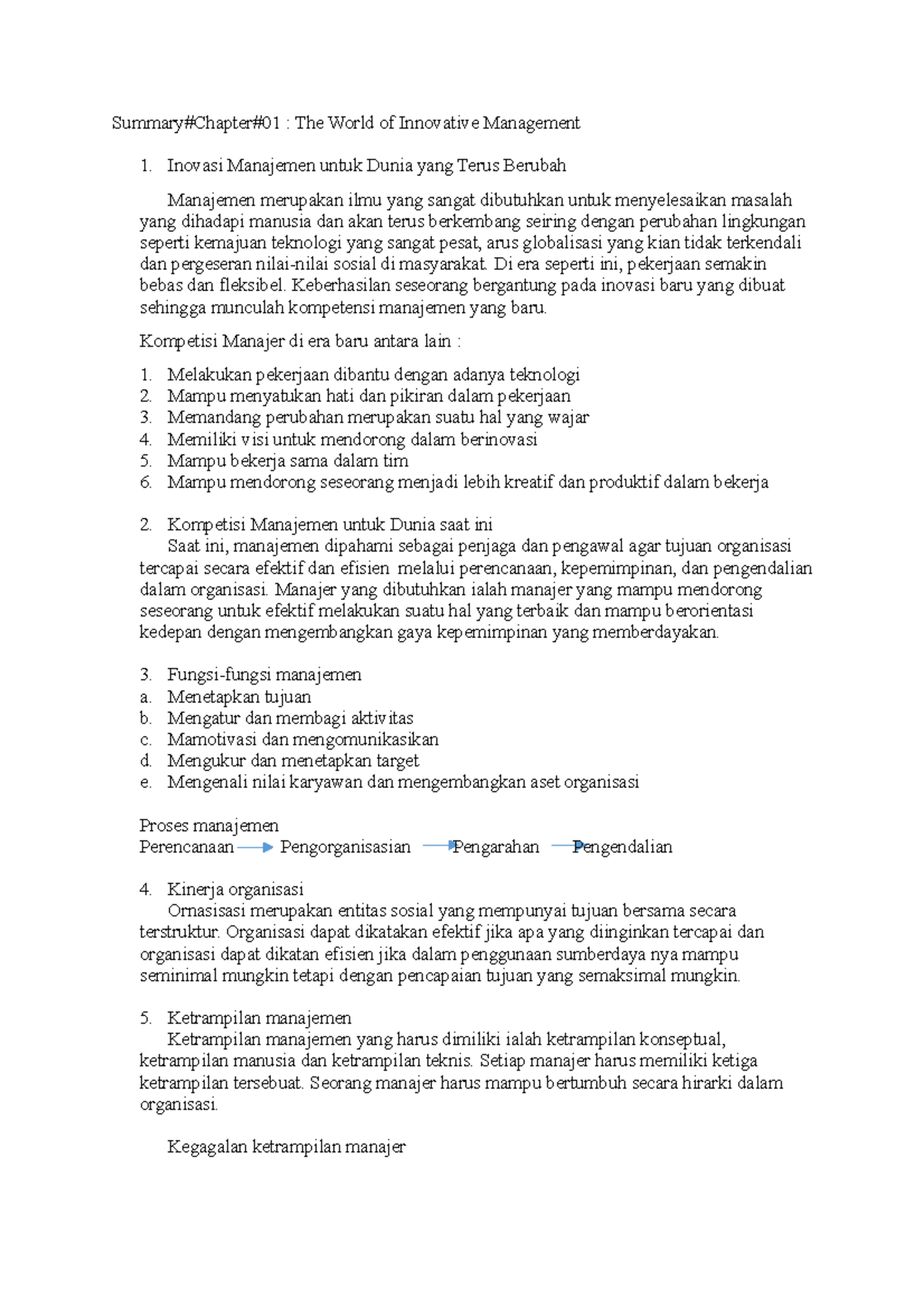 SUM Ch01 - Chapter 1 - Introduction to Management - Summary#Chapter#01 : The World of Innovative ...
