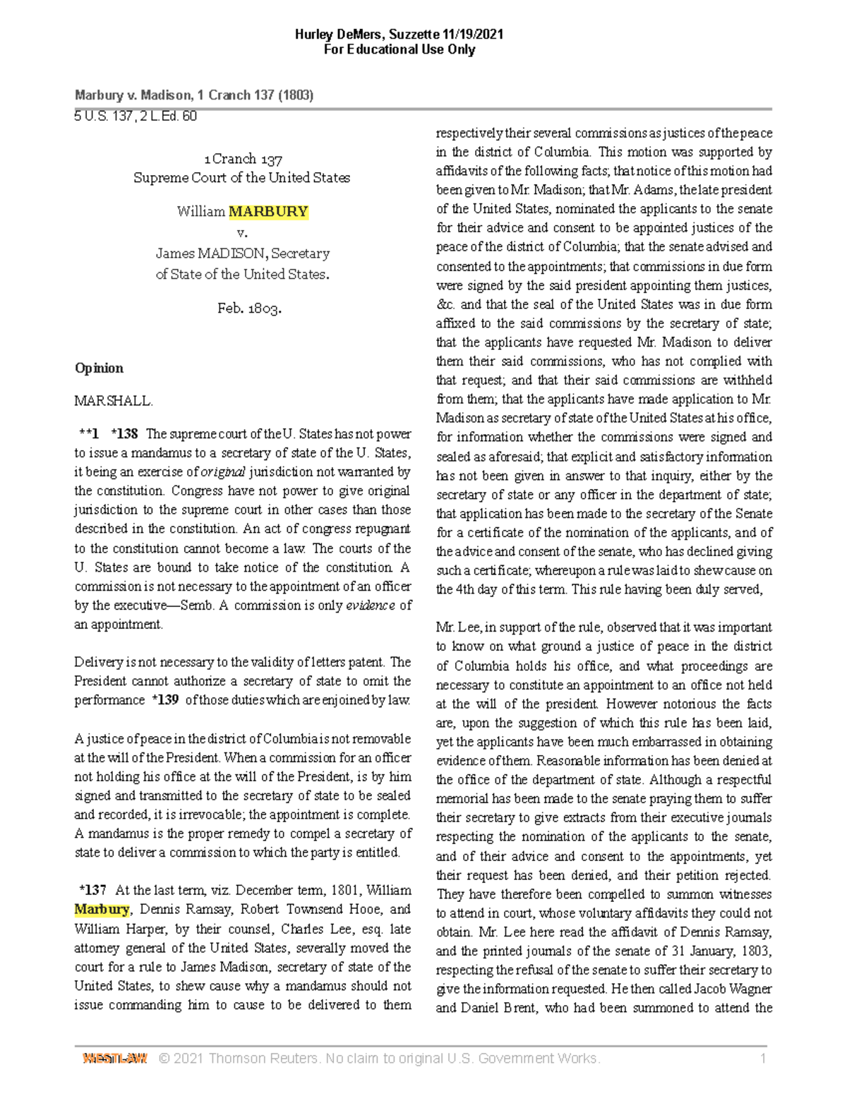 Marbury v. Madison: Class Lecture Notes (LAW 101) - Studocu