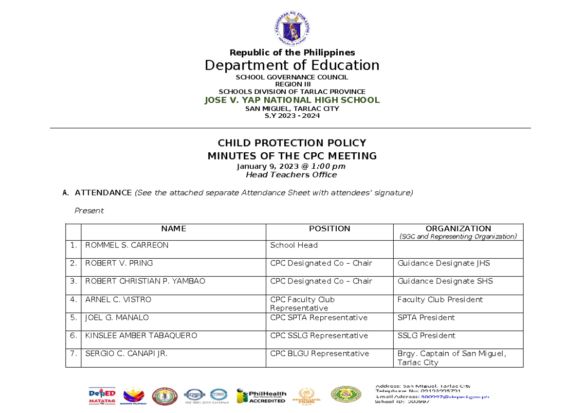 CPC Meeting Minutes: Child Protection Policy Discussion - Jan 9, 2023 ...