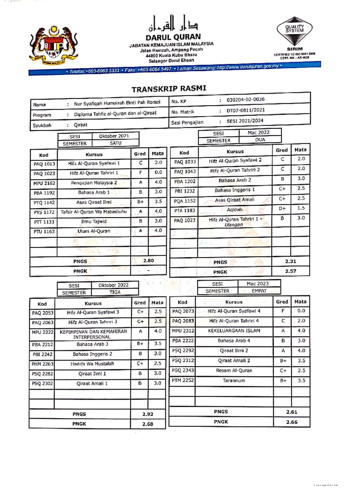 Transkrip Akademik Diploma Tahfiz Qiraat Sesi Oktober 2021-2023 - Studocu