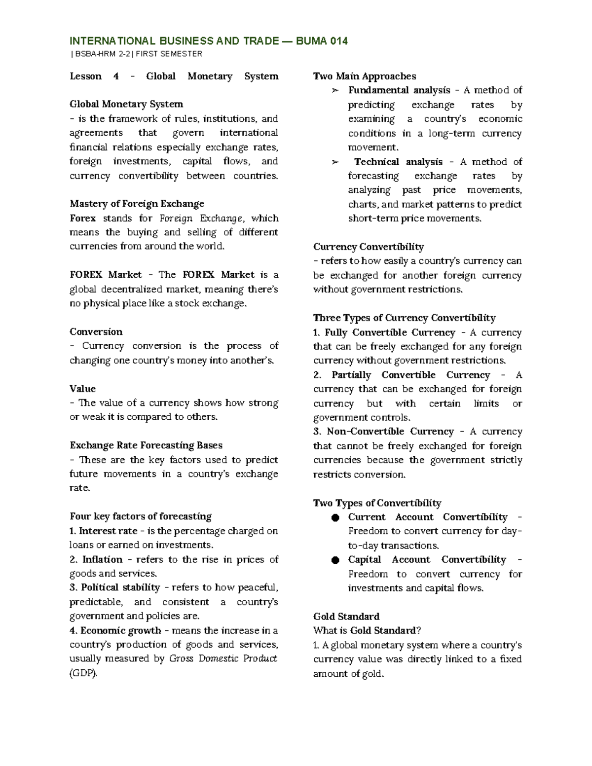 INTERNATIONAL BUSINESS AND TRADE BUMA 014 FIRST SEMESTER Lesson 4-6 ...