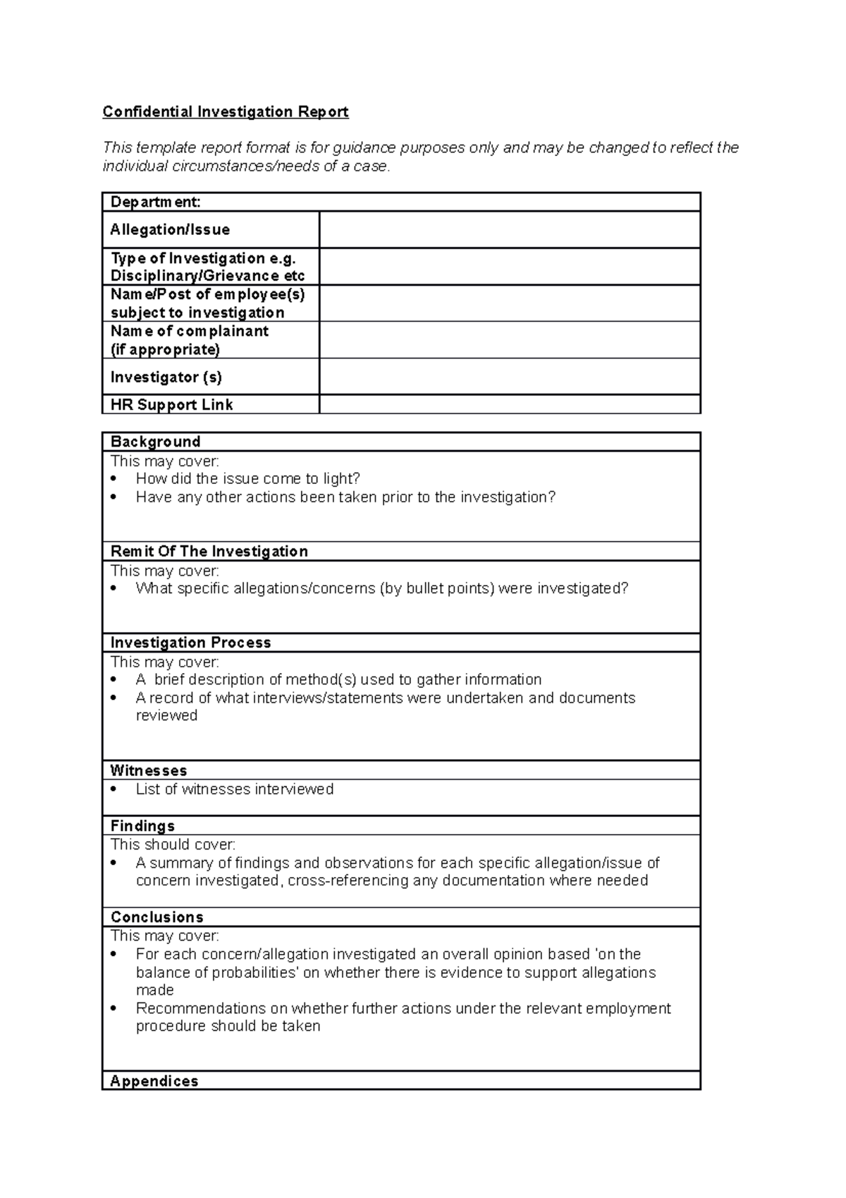 Investigation Report Template Form for Confidential Cases - Studocu