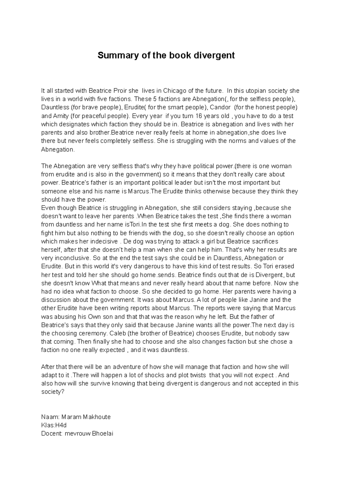 Engels Samenvatting: Divergent - Chapter Summary H4d - Studeersnel