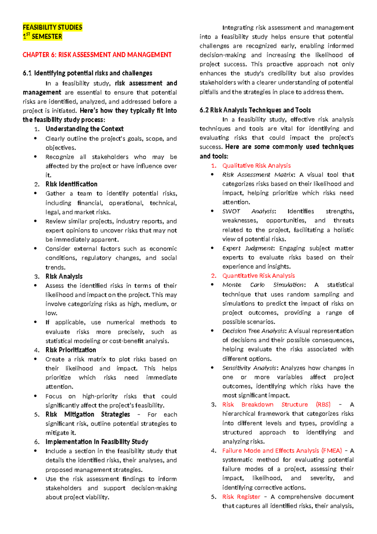 FS- Chapter 6 - Risk Assessment and Management in Feasibility Studies - Studocu