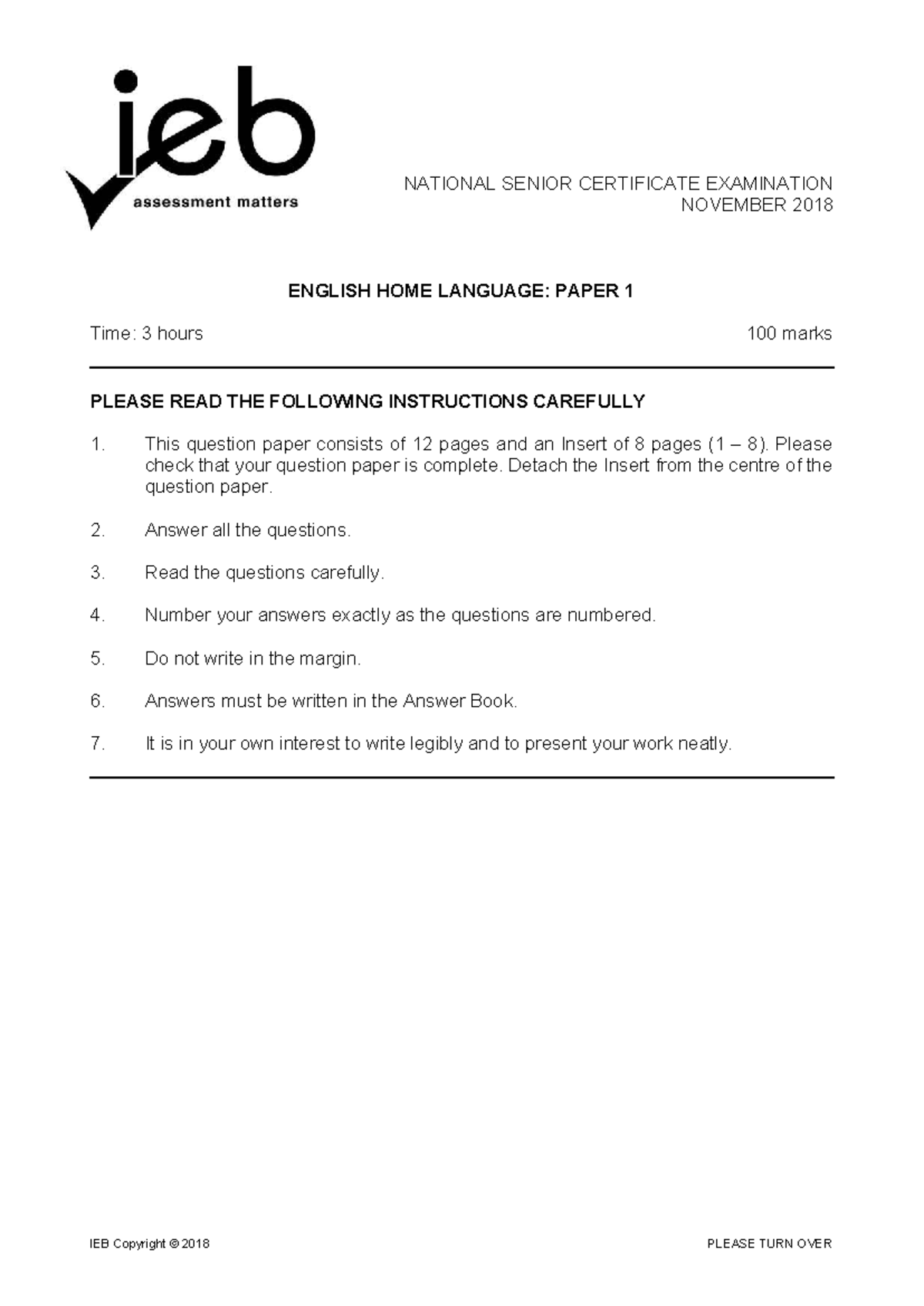 English HL P1 2018: National Senior Certificate Exam Paper 1 - Studocu