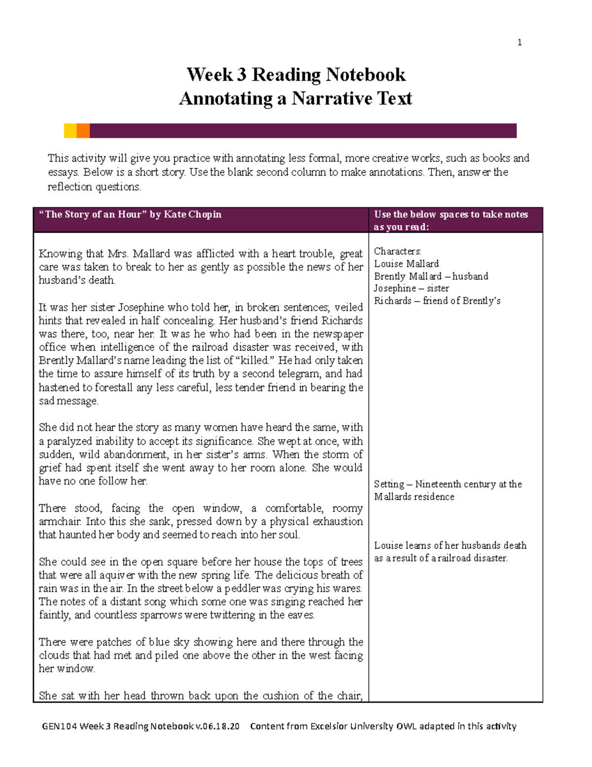 Week 3 Reading Notebook - Week 3 Reading Notebook Annotating a Narrative Text This activity will ...