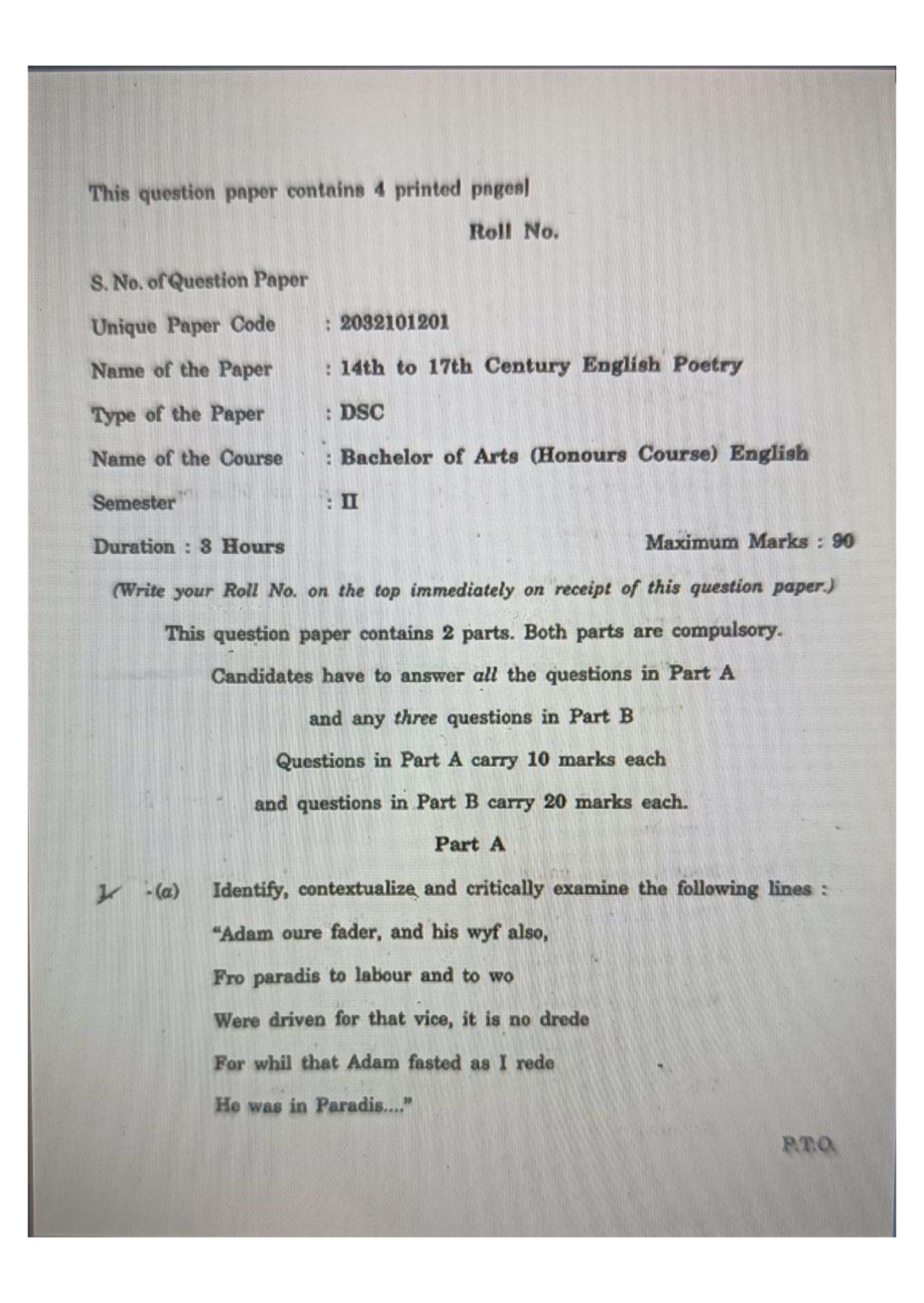 BA English DSC II: 14th-17th Century Poetry Previous Year QP - Studocu