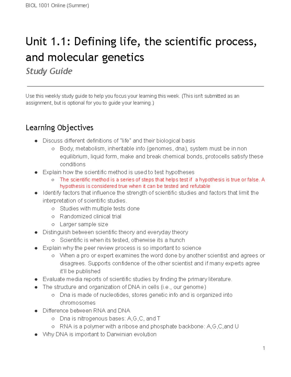 Unit 1 Exam 1 Study Guide: Life, Genetics & Scientific Process - Studocu