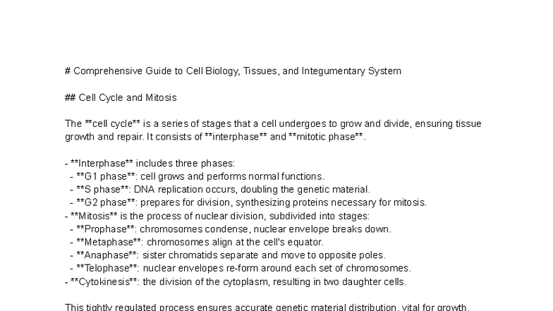 Comprehensive Guide to Cell Biology and Integumentary System (BIO 101 ...