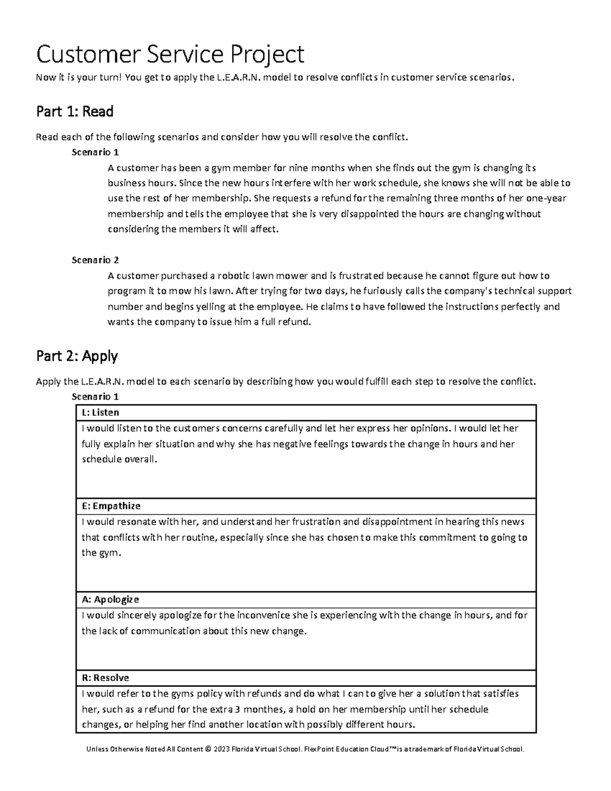 Customer Service Project: Applying the L.E.A.R.N. Model - Studocu