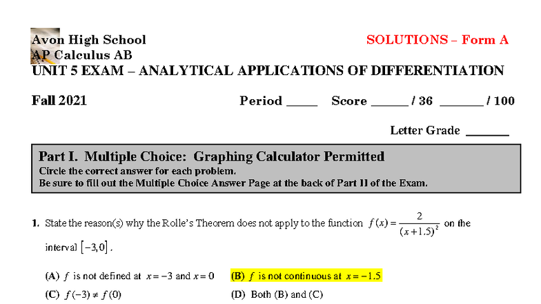 AP Calculus AB (Unit 5) Exam Solutions: Analytical Applications of ...