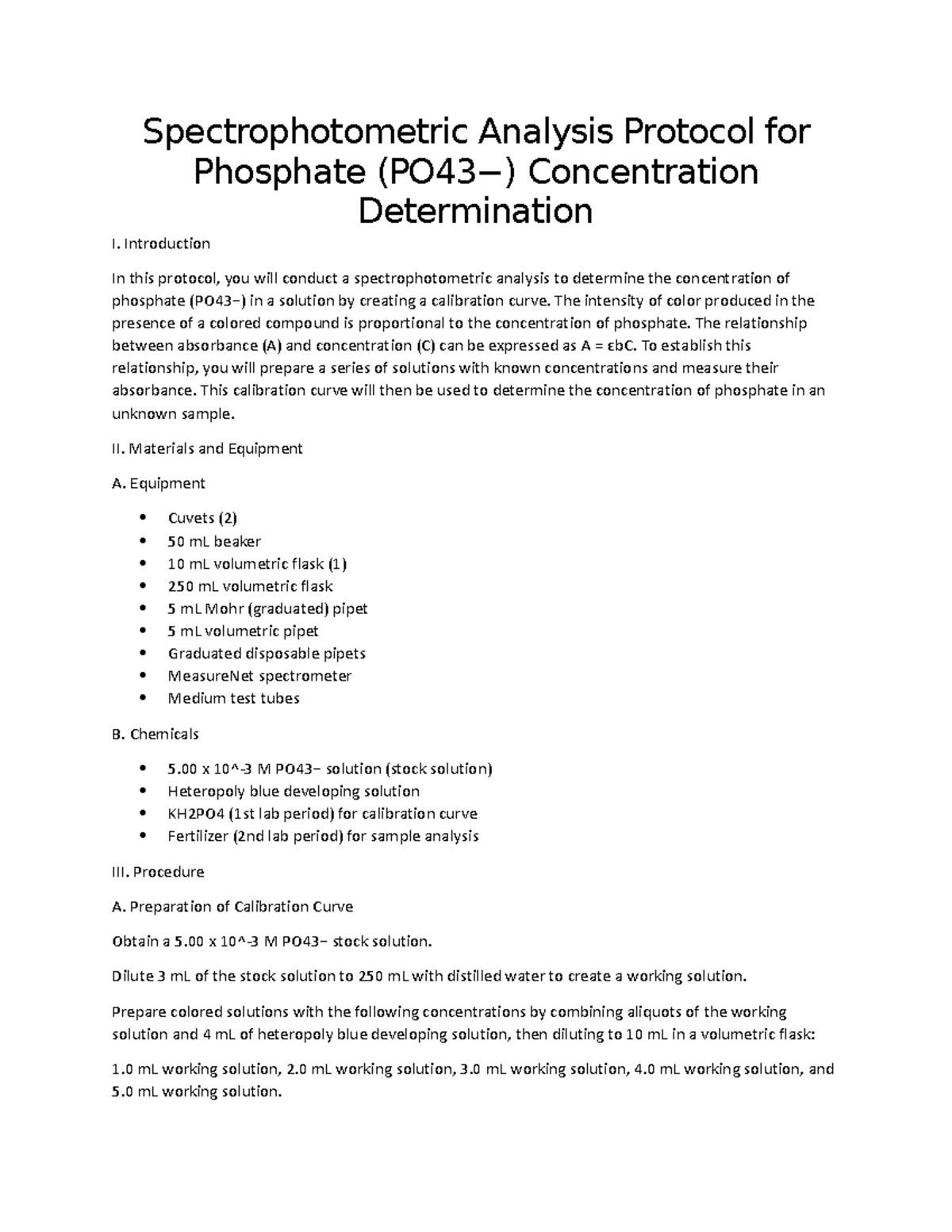 Spectrophotometric Analysis Protocol for PO4− Concentration Determination - Studocu