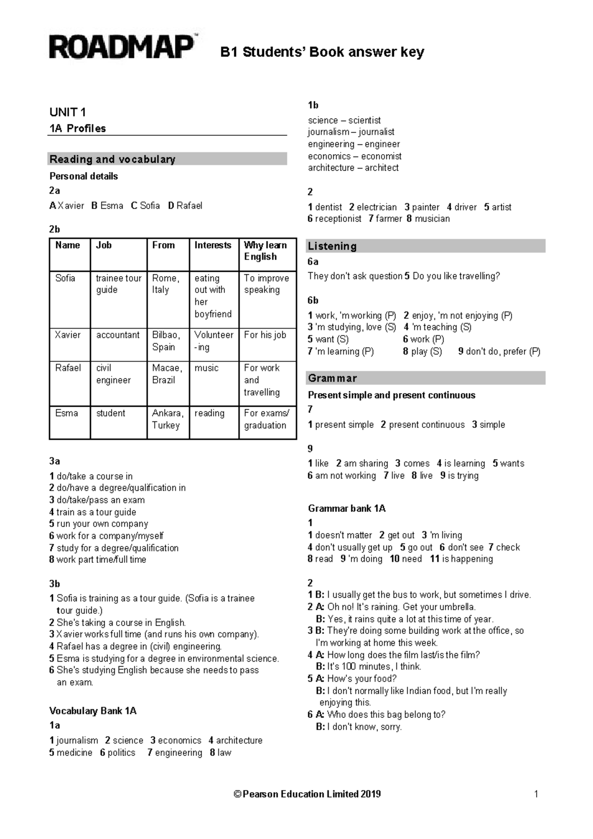 B1 Student Book Answer Key - Roadmap B1 Solutions Guide - Studocu