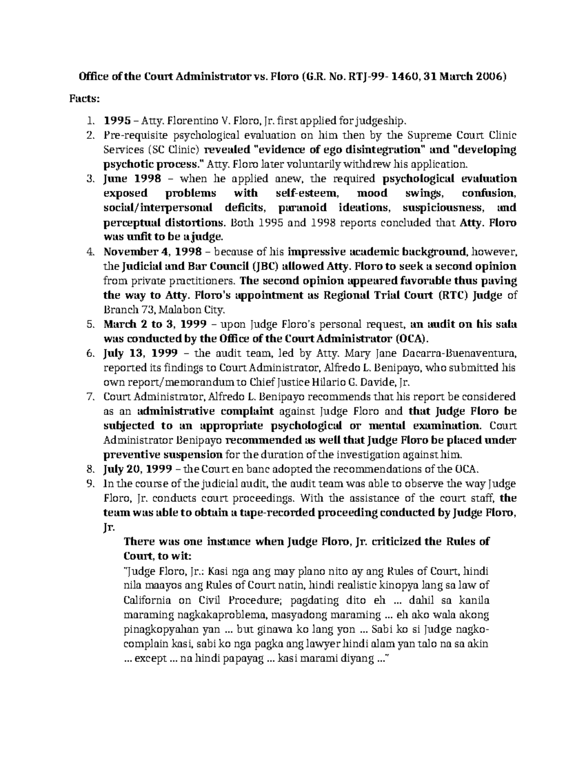 Office of the Court Administrator vs. Floro (G.R. RTJ-99-1460, 2006 ...