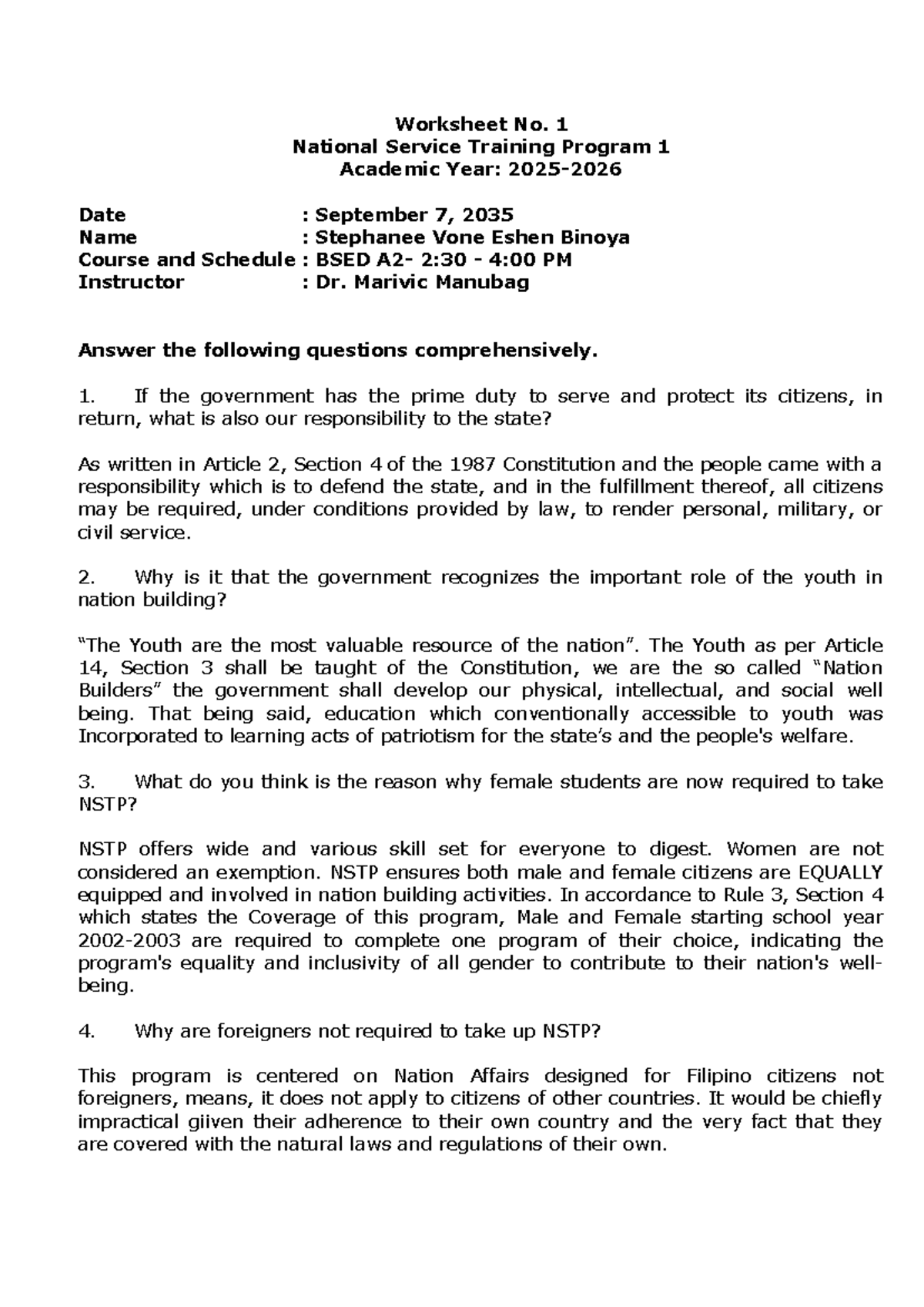 BSED NSTP 1 Worksheet No. 1: Responsibilities & Youth in Nation ...