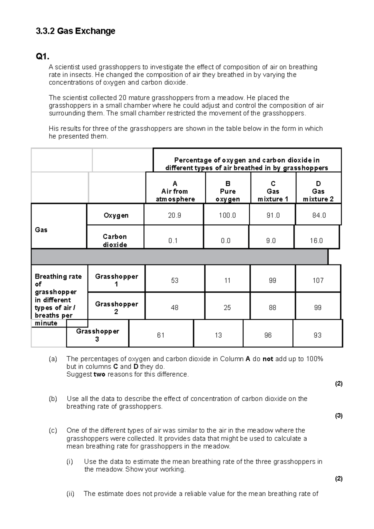 Unit 3.2 Biology: Gas Exchange - Questions & Investigations - Studocu