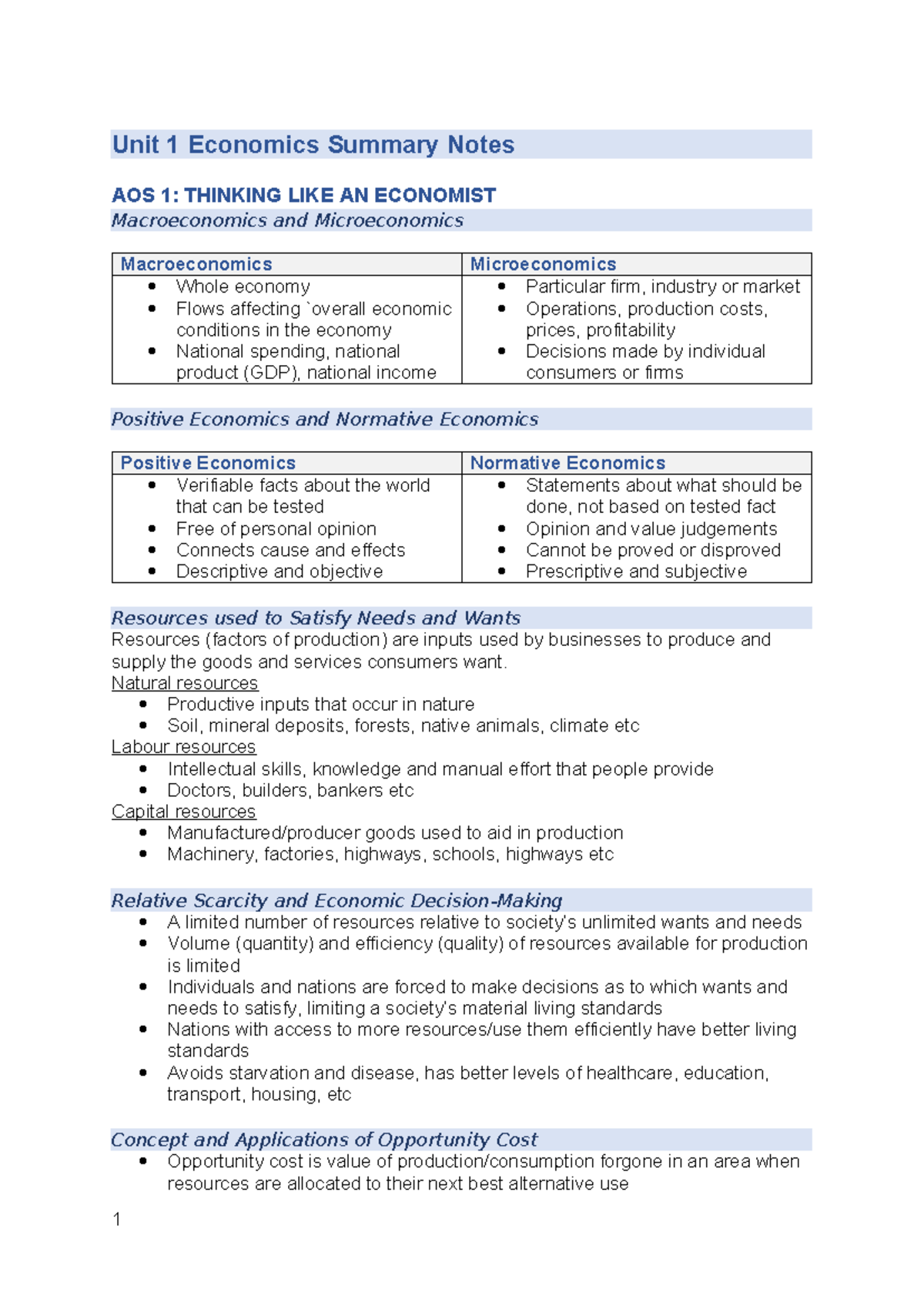 Unit 1 Economics Summary Notes AOS 1: Understanding Macroeconomics ...
