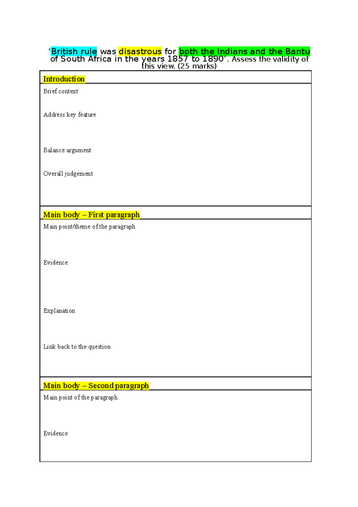 Bantu Essay Plan: Assessment of British Rule (1857-1890) - Studocu