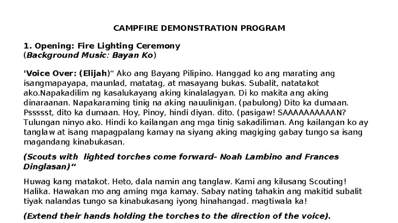 CAMPFIRE DEMO PROGRAM: Fire Lighting Ceremony Script - Studocu