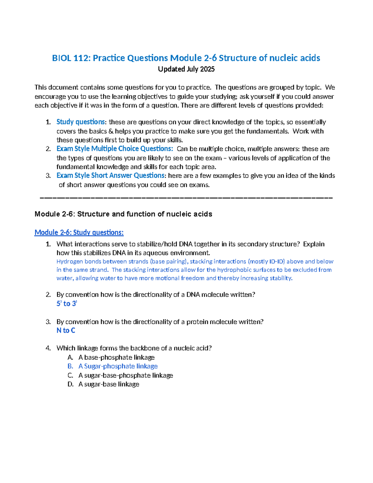 BIOL 112: Practice Questions on DNA Structure and Function - Studocu