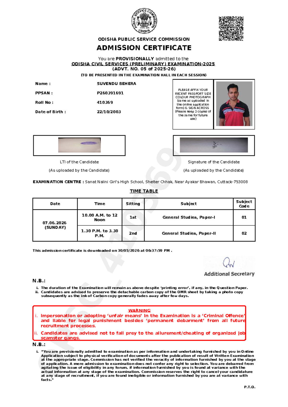 OPSC Civil Services Preliminary Admission Certificate - Suvendu Behera ...