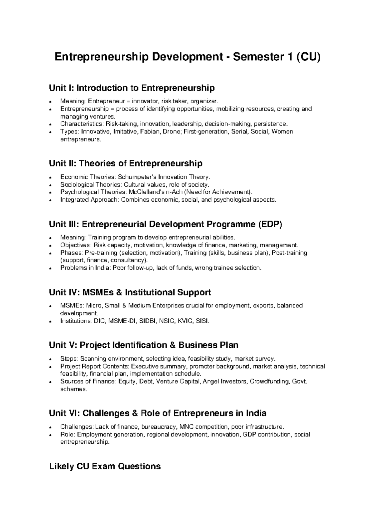 Entrepreneurship Development Sem 1 (CU) Comprehensive Notes - Studocu