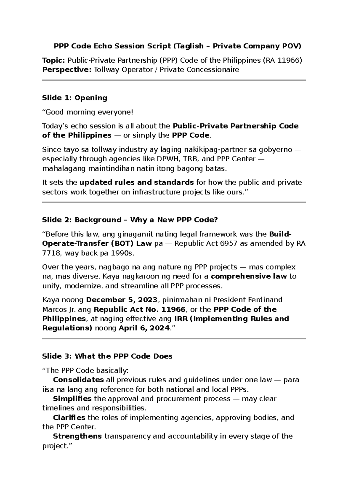 PPP Code Echo Session Script: Understanding RA 11966 for Tollway ...