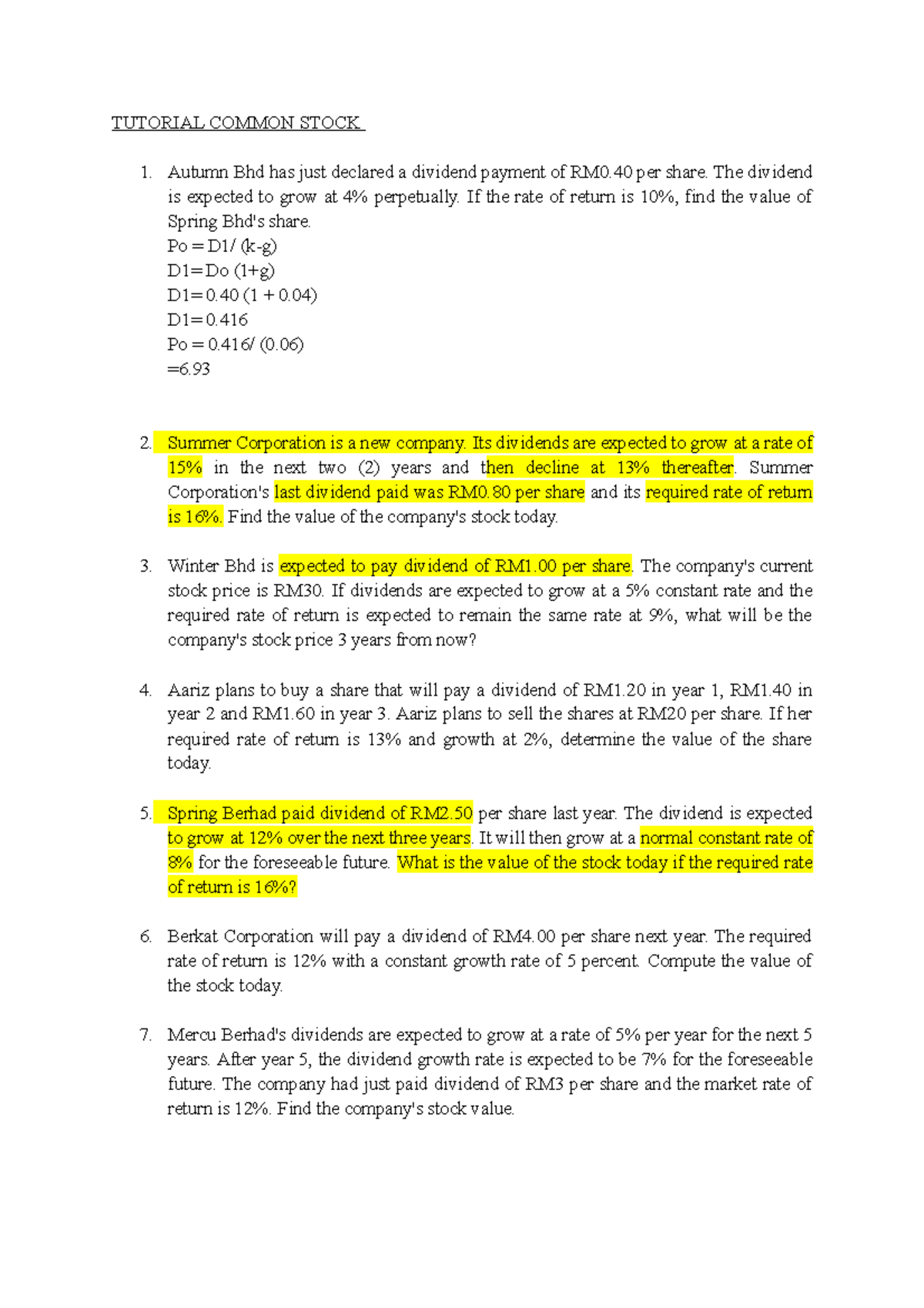 Tutorial Chapter 6 - Common Stock Valuation Exercises - Studocu