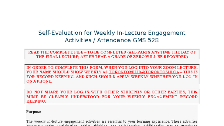 Weekly Engagement Activities Attendance Guidelines GMS 528 - Studocu