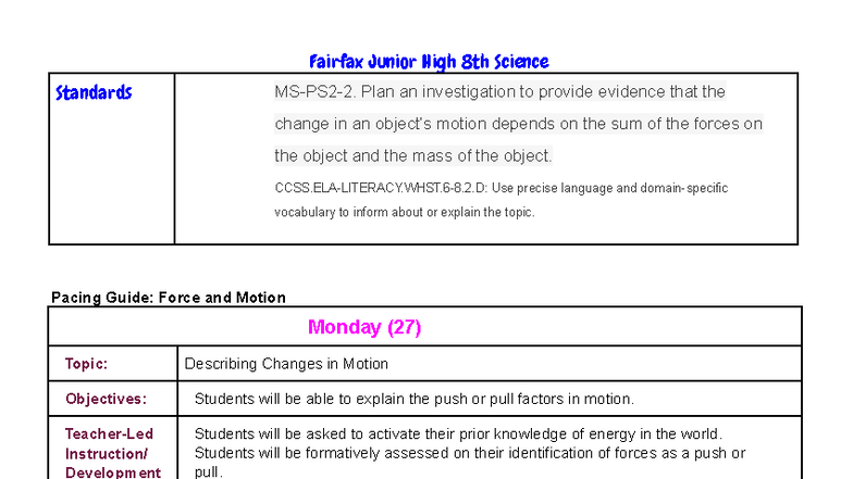 Crisler's Science LP 8th Grade: Force and Motion Standards Plan - Studocu