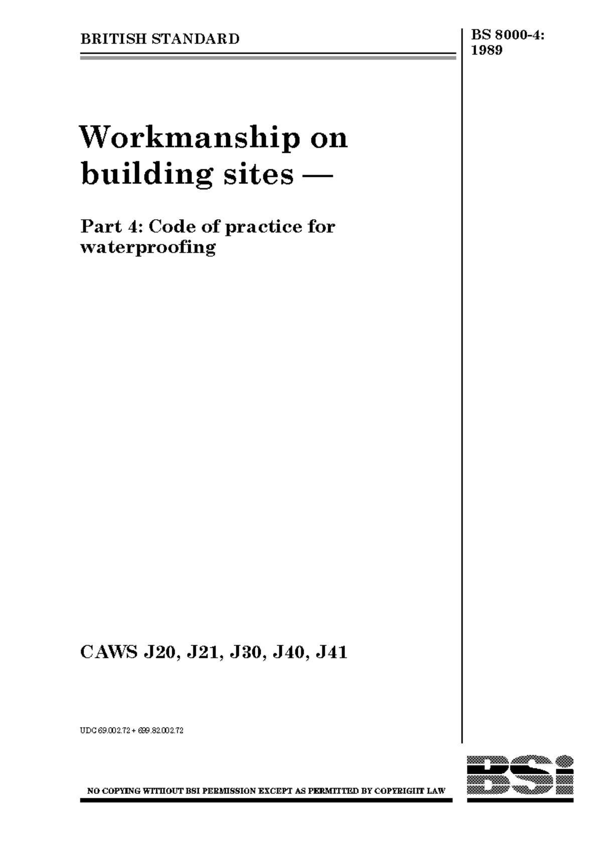 BS 8000 Part 4: Code of Practice for Waterproofing Workmanship - Studocu