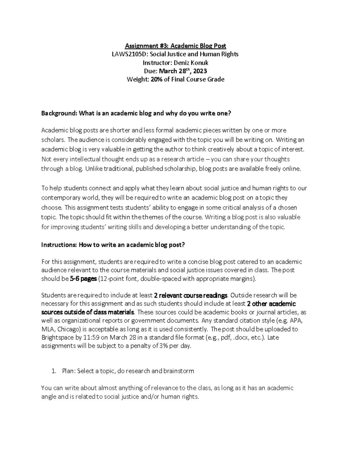 Blog Post - Instructions - Assignment #3: Academic Blog Post LAWS2105D ...