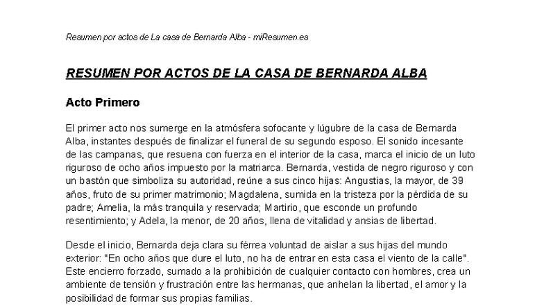 Resumen por Actos de La Casa de Bernarda Alba (Literatura) - Studocu