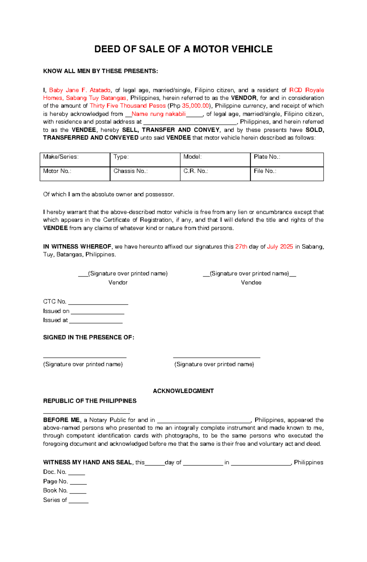 Motor Vehicle Deed of Sale - Legal Document - Studocu