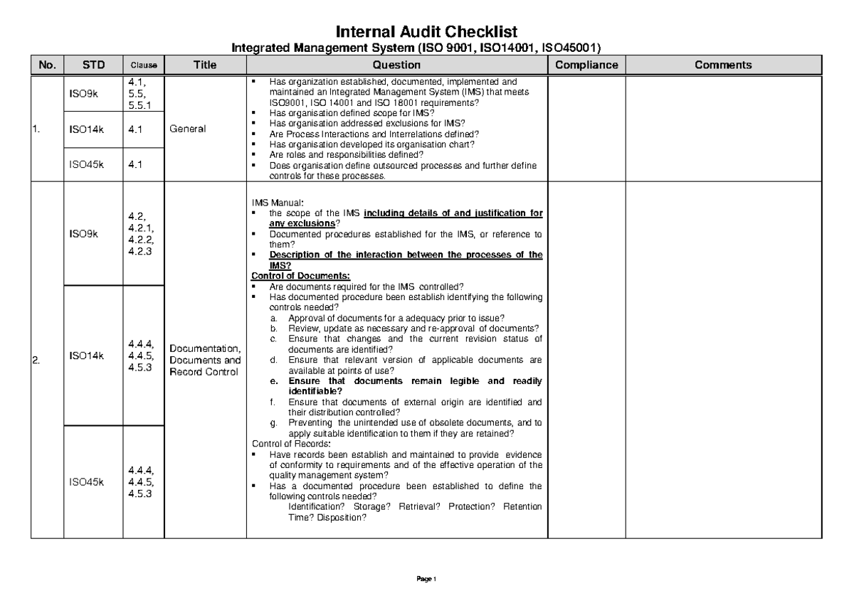 Internal Audit Checklist for Integrated Management System (ISO 9001, 14001, - Studocu