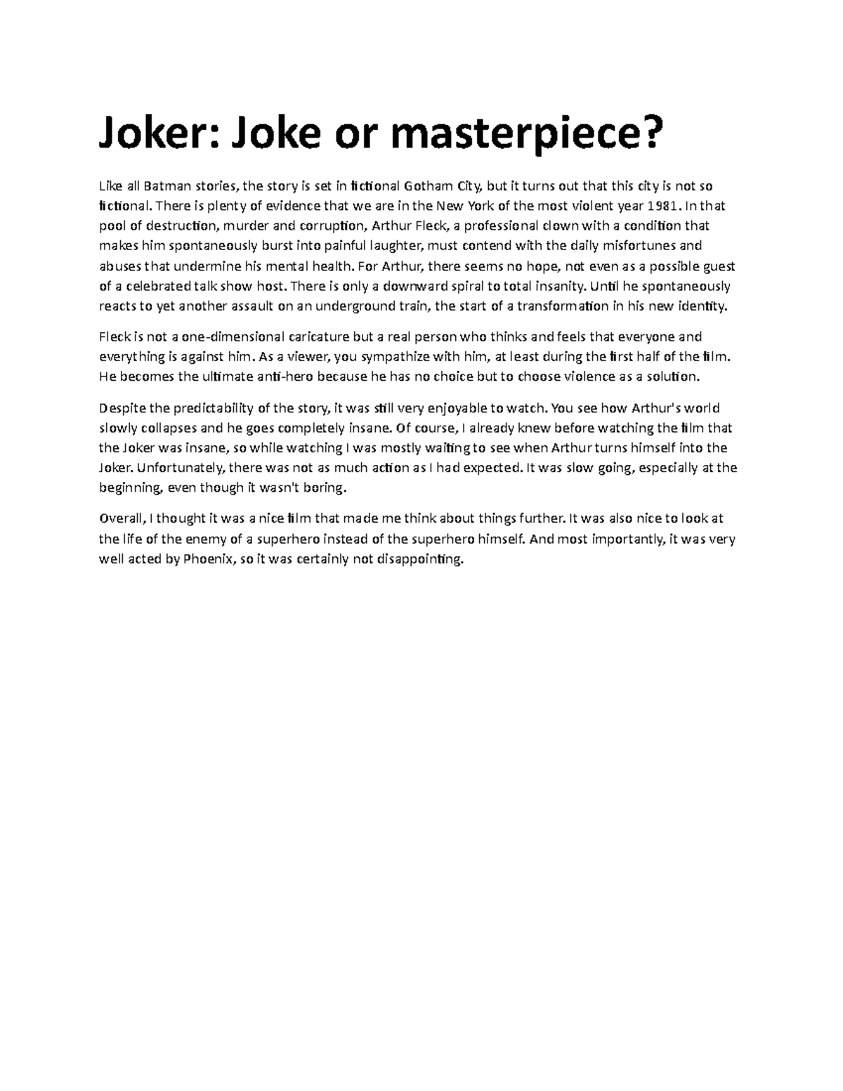 Document 15 - Review of 'Joker': Analysis of a Dark Masterpiece - Studocu