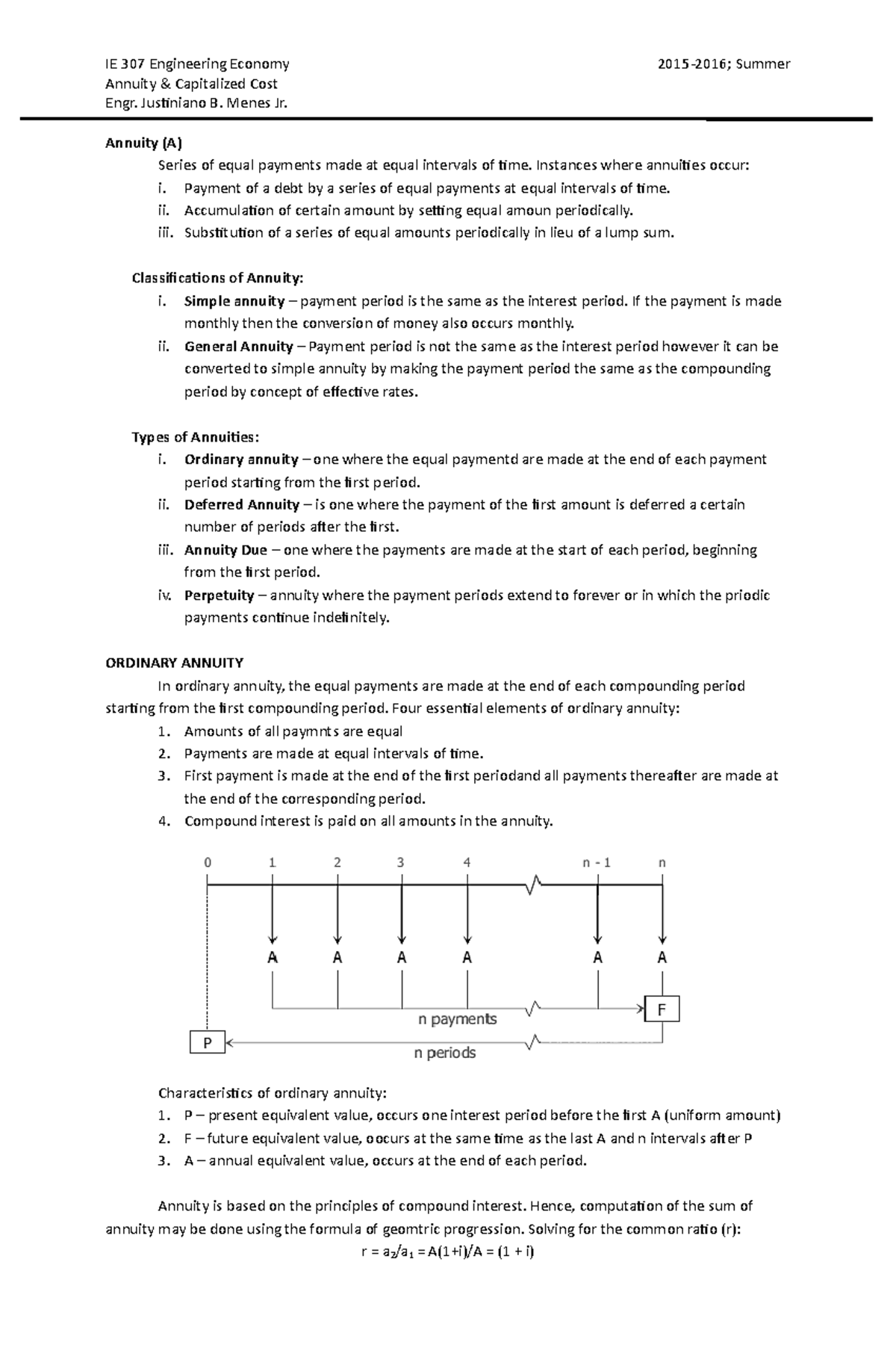 Annuity Lecture Notes - ENGINEERING ECONOMICS (GEN 101) - Studocu